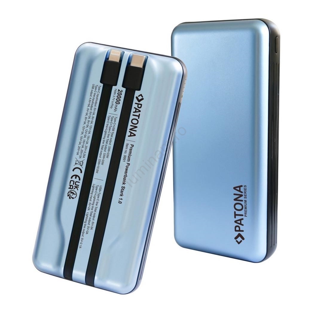 Acumulator extern 20000mAh PD65W Li-Pol 3A USB-C/Lightning PATONA | Luminam