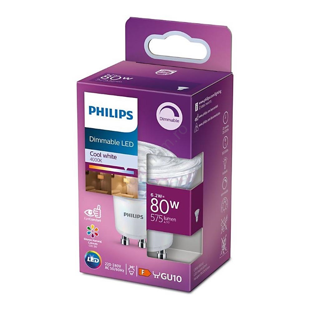 Bec LED dimabil Philips GU10/6,2W/230V 4000K | Luminam