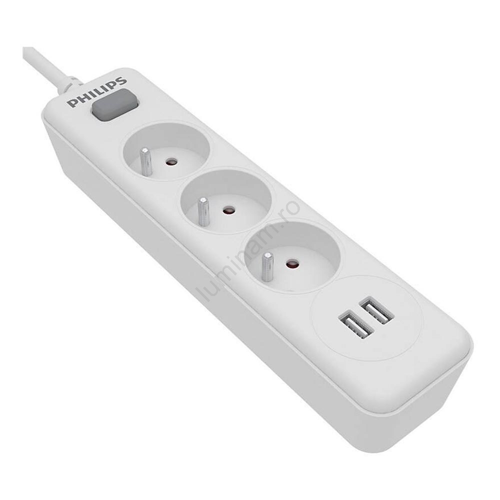 Prelungitor cu întrerupător Philips SPN3032WA/60 3Z + 2xUSB-A 2m alb ...