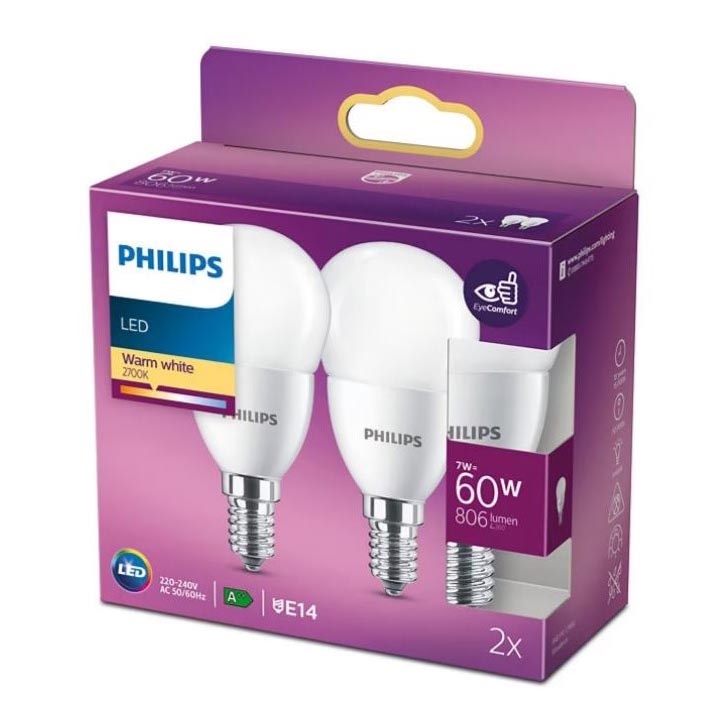 SET 2x bec LED Philips P48 E14/7W/230V 2700K | Luminam