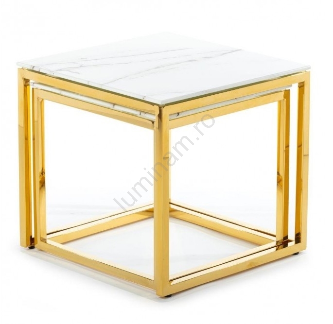 SET 2x măsuță de cafea LIGHT 42x45 cm aurie/albă decor marmorat | Luminam