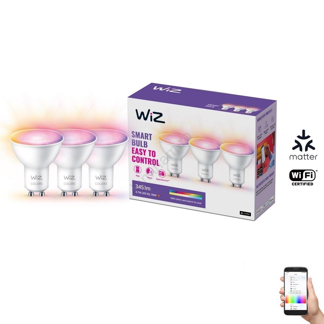 SET 3x bec LED RGBW dimabil GU10/4,7W/230V 2200-6500K CRI 90 Wi-Fi WiZ | Luminam