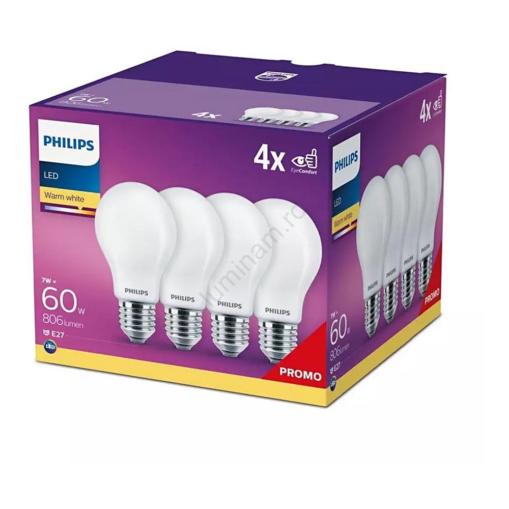 SET 4x bec LED Philips A60 E27/7W/230V 2700K | Luminam